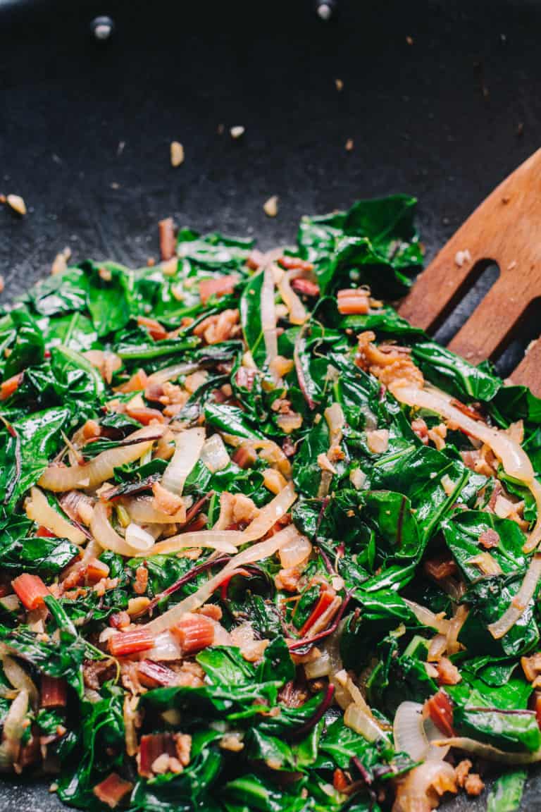 Sautéed Collard Greens & Red Swiss Chard with Bacon Recipe - A Full Living